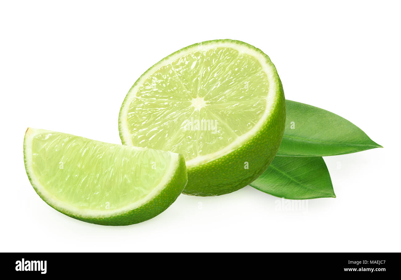 Half and slice of fresh lime fruit with green leaves isolated on white ...