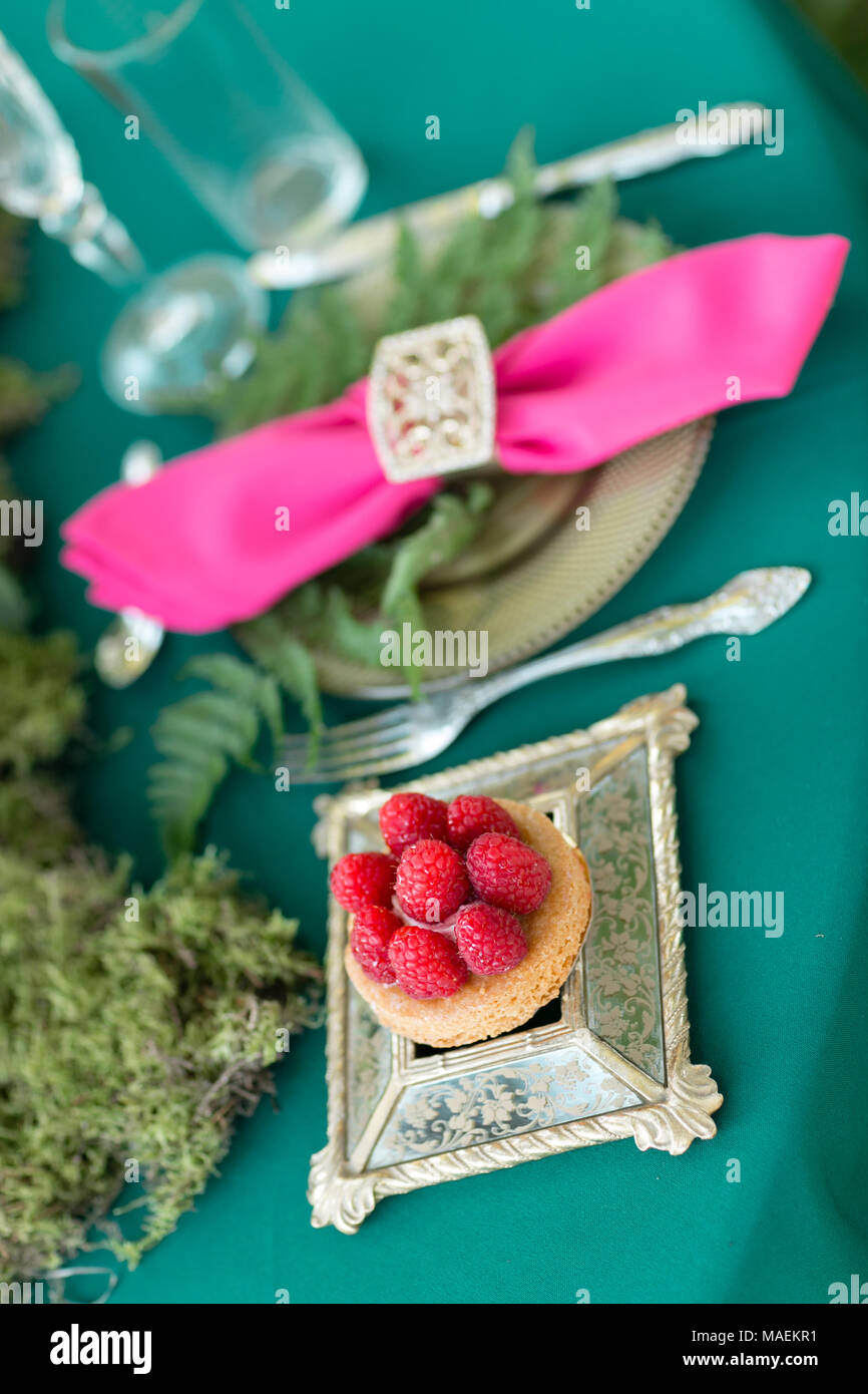 Raspberry dessert. table setting. Wedding decor in the magic forest for ...