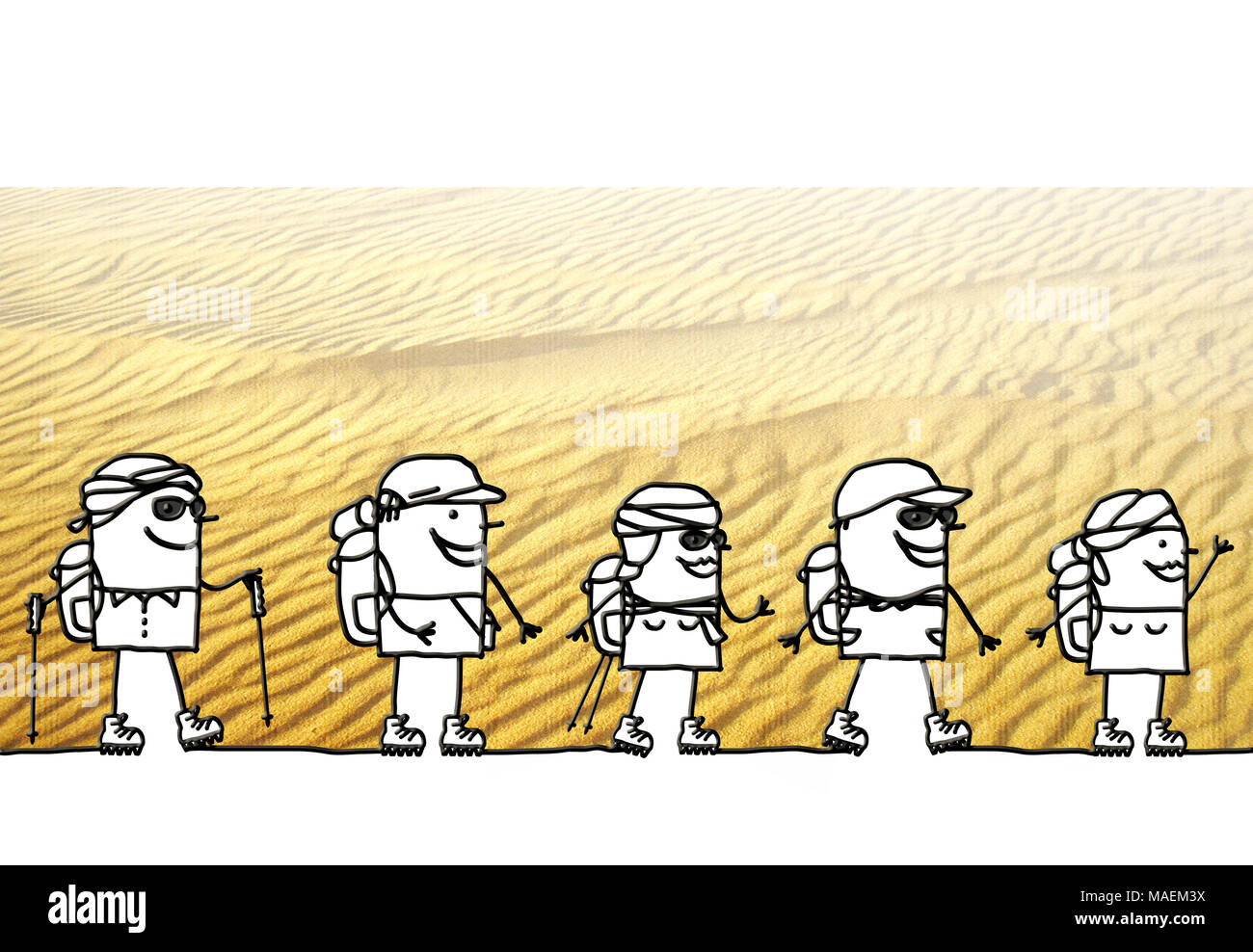 Cartoon people trekking in the desert Stock Photo - Alamy