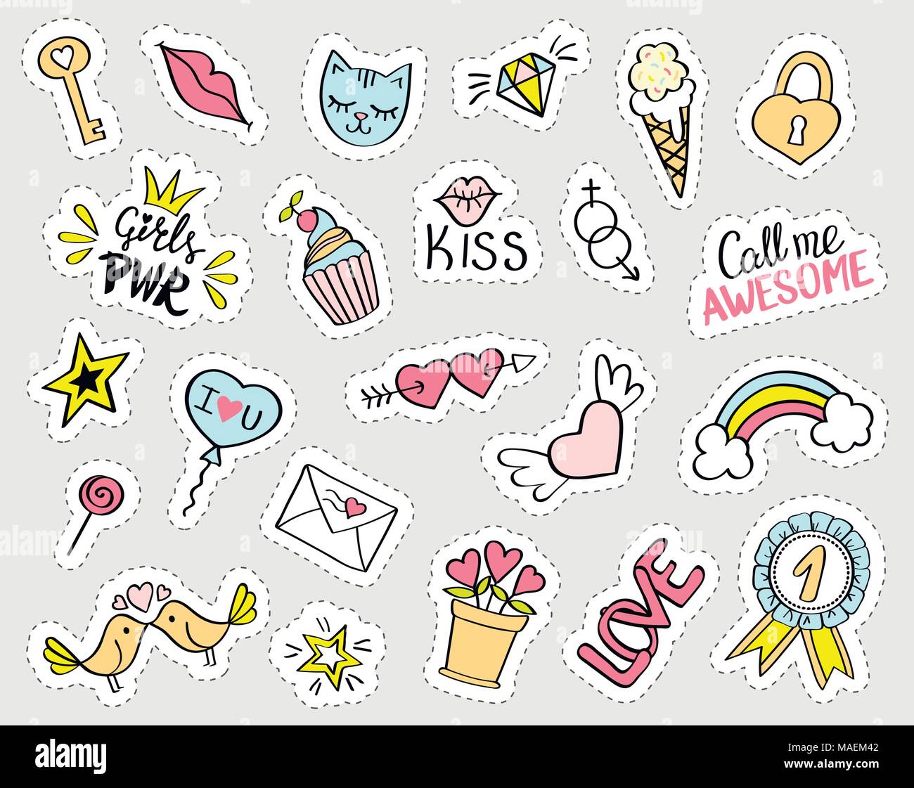 Fashion girly stickers set. Collection of hand drawn fancy doodle pins ...