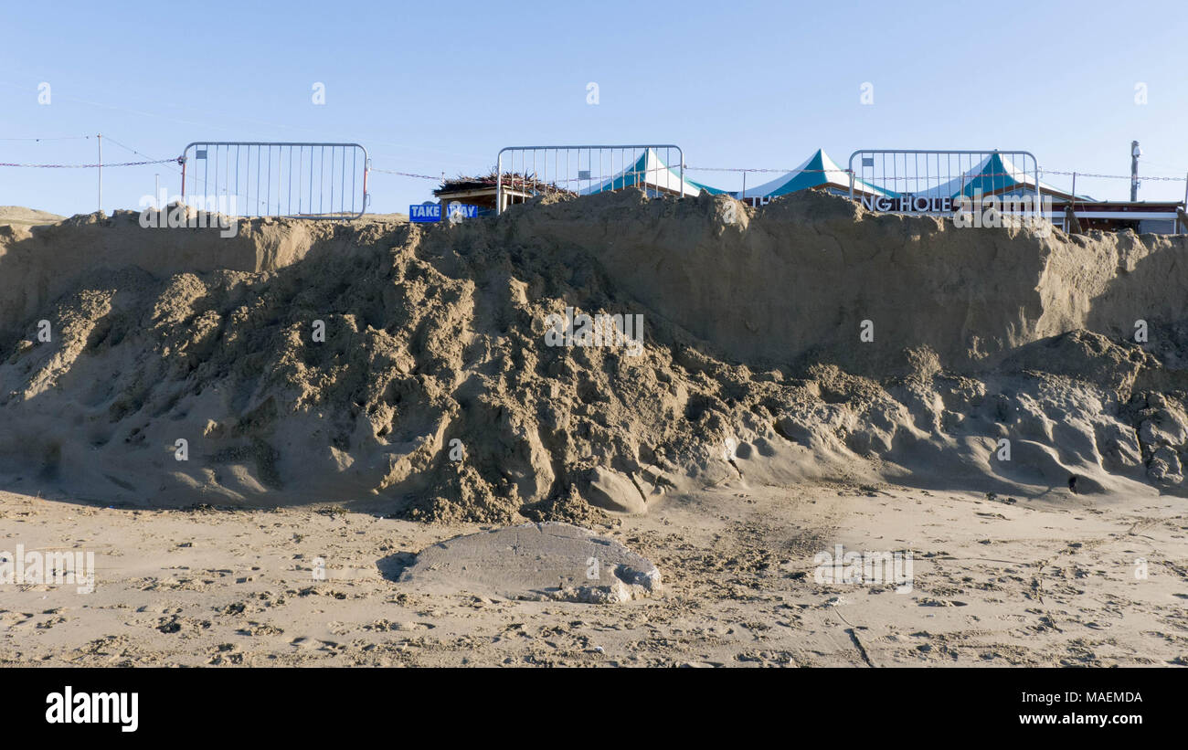 Sand deposition built up by heavy winter storm on Perranporth beach ...
