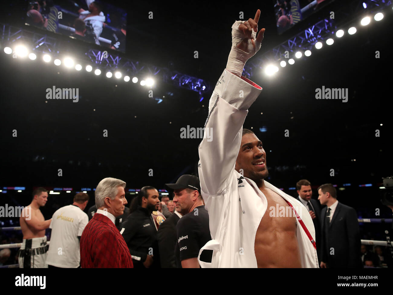 Anthony Joshua after victory over Joseph Parker in their WBA, IBF, WBO ...