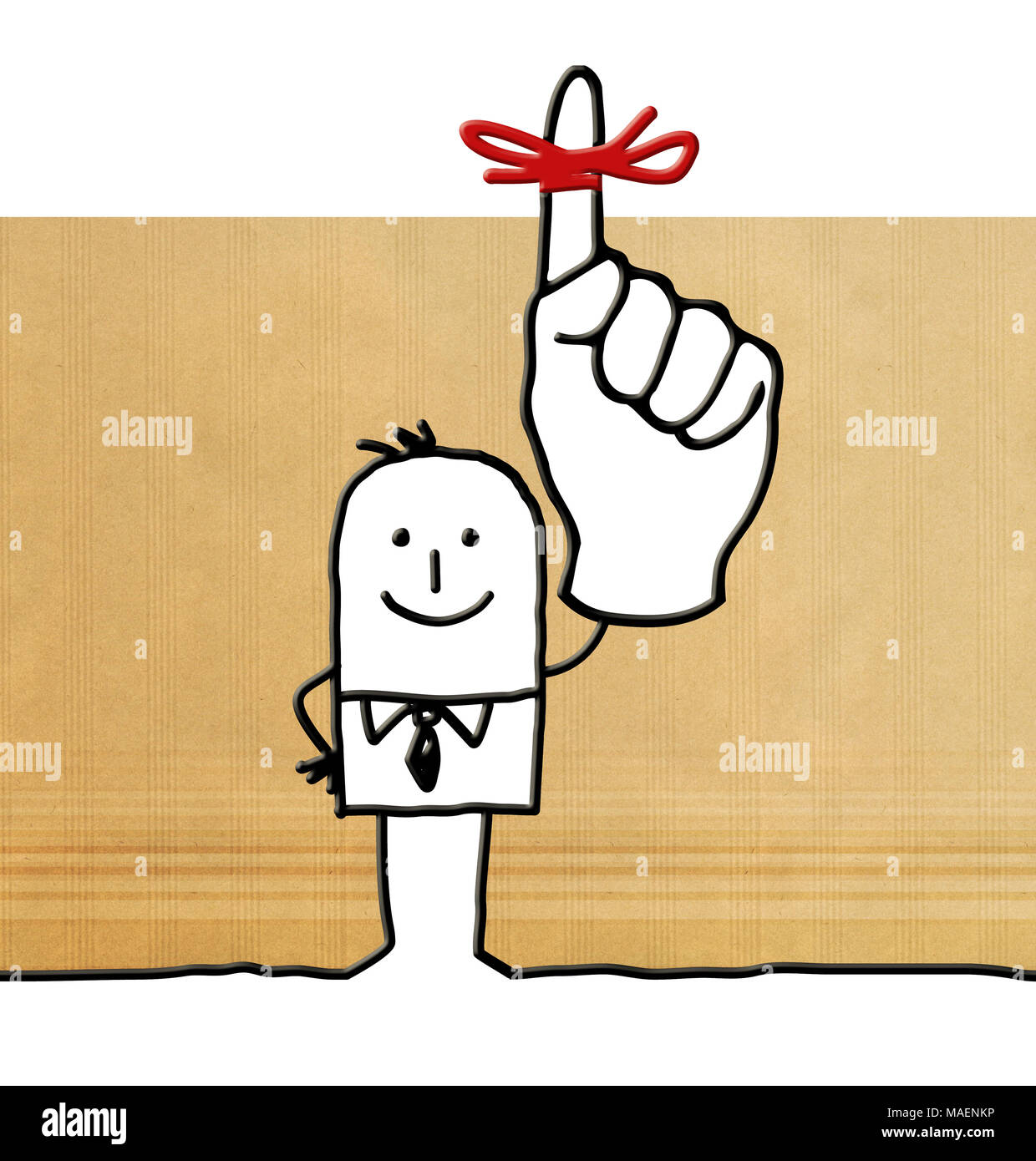 Cartoon businessman with finger up and reminder ribbon Stock Photo - Alamy