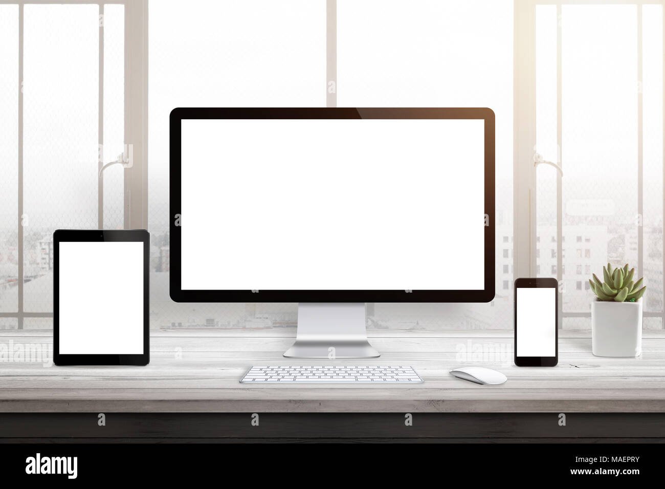 Responsive web site promotion. Isolated blank computer, tablet and ...