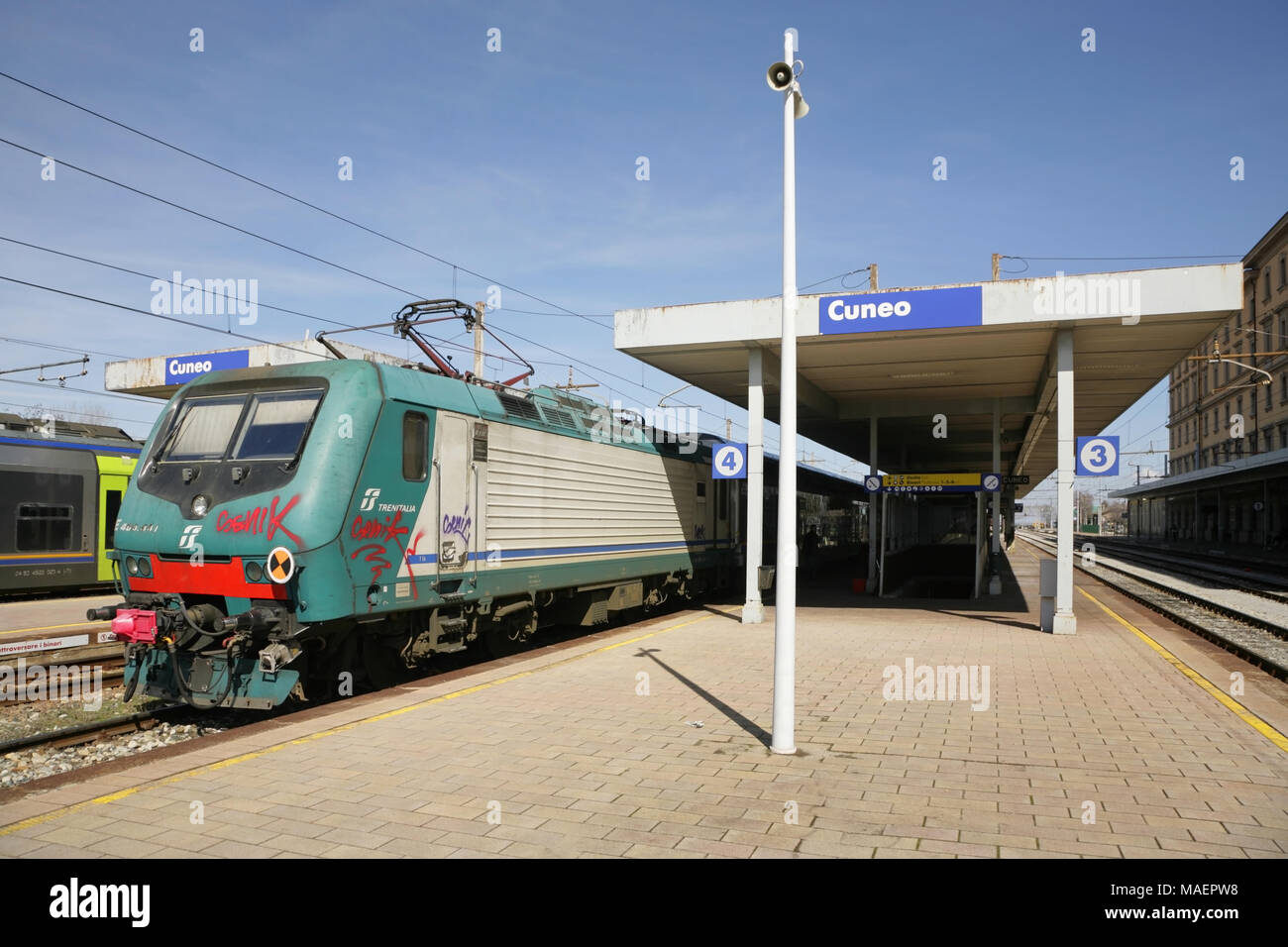 Italian railways class 464 electric locomotive waiting at Cuneo station ...