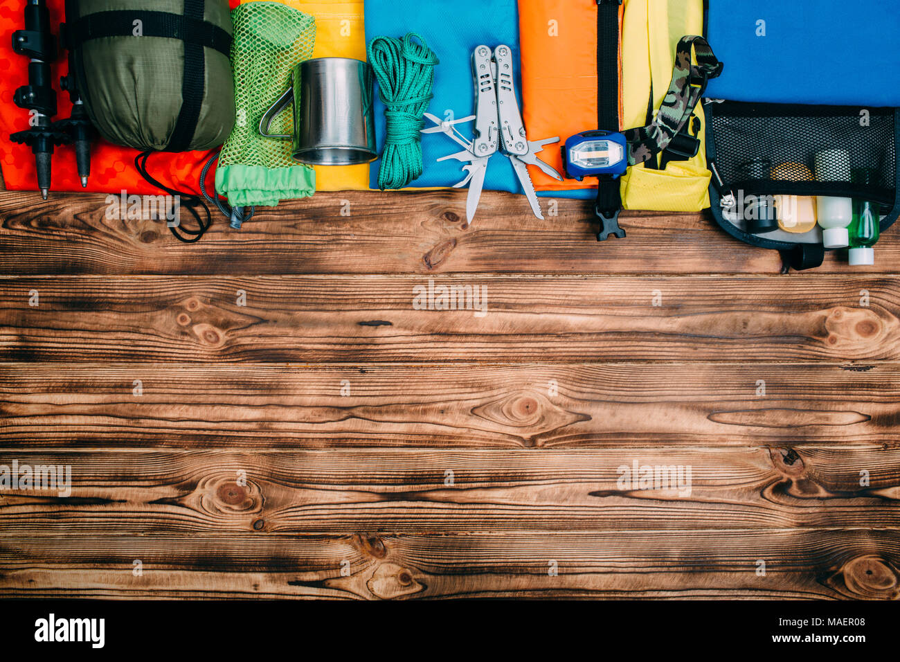 Top view of equipment for hiking and travel Stock Photo - Alamy