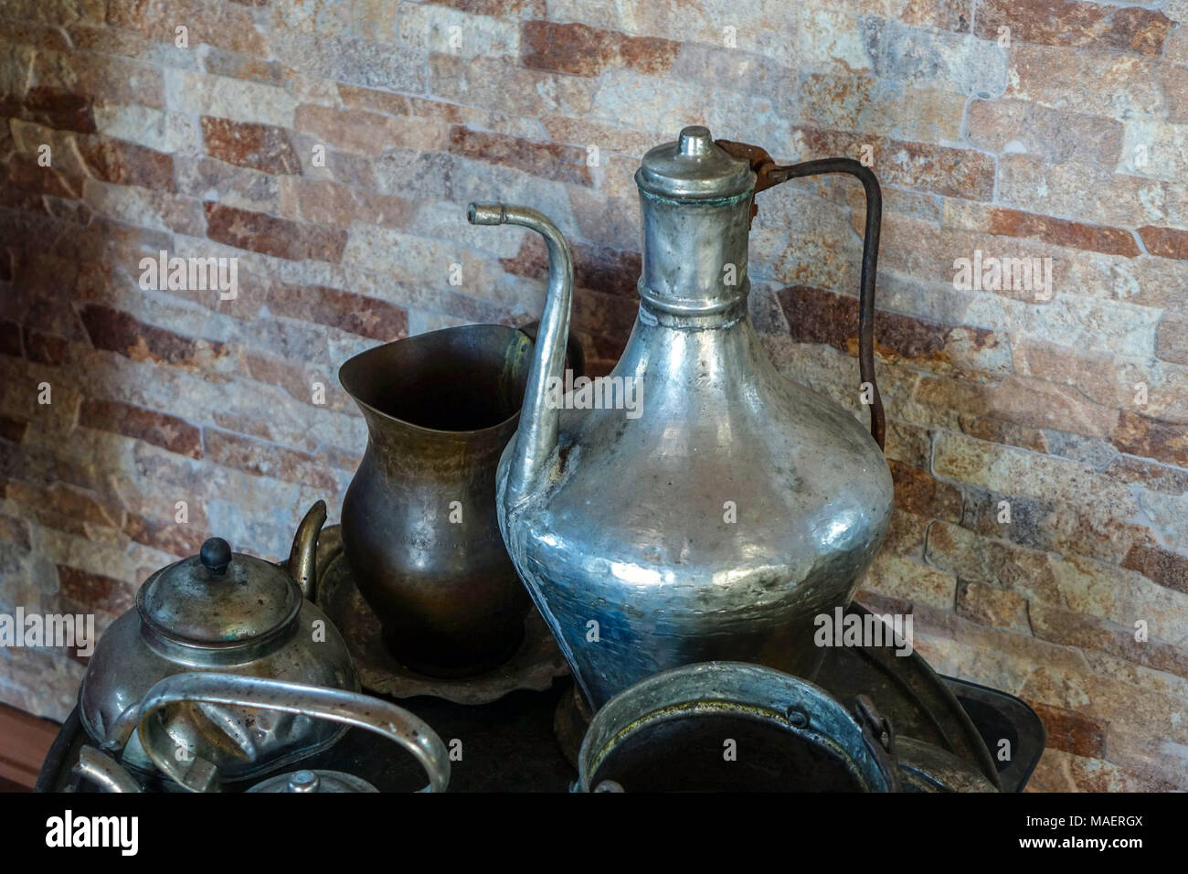 Antique Turkish metal tea set, aluminium, kettle and teapot Stock Photo ...