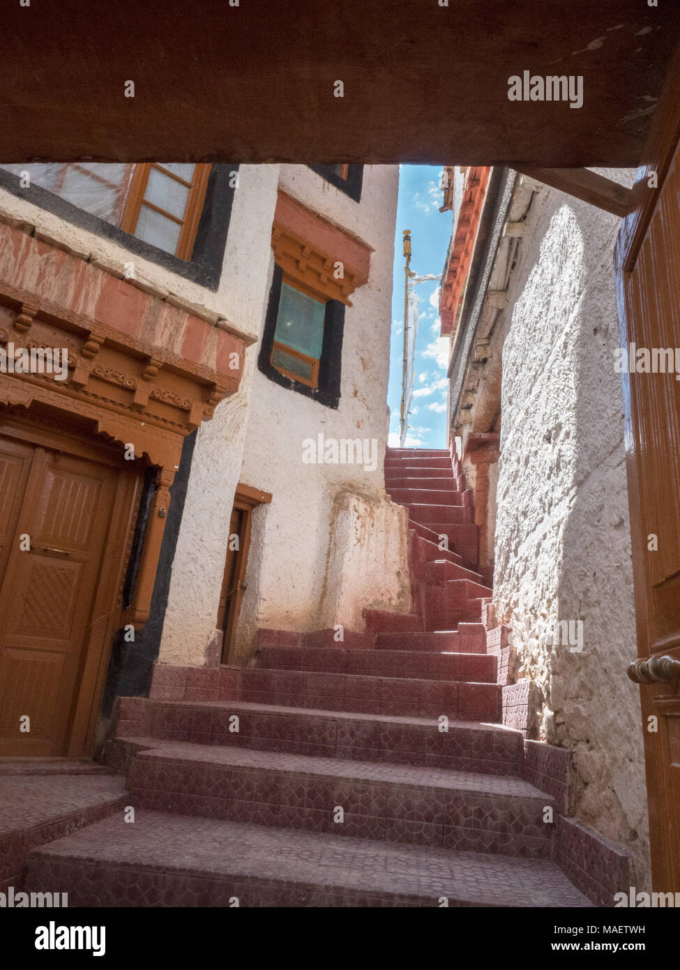Traditional Buddhist national monastery building, brown stairs lead ...
