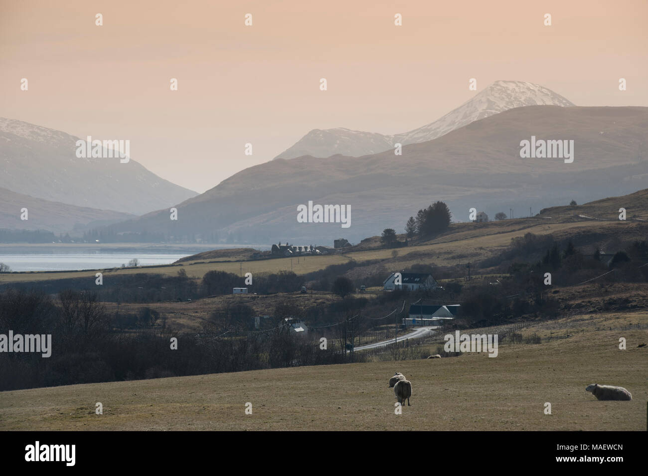 A view of a snow capped Ben Mor on the Isle of Mull in the early ...