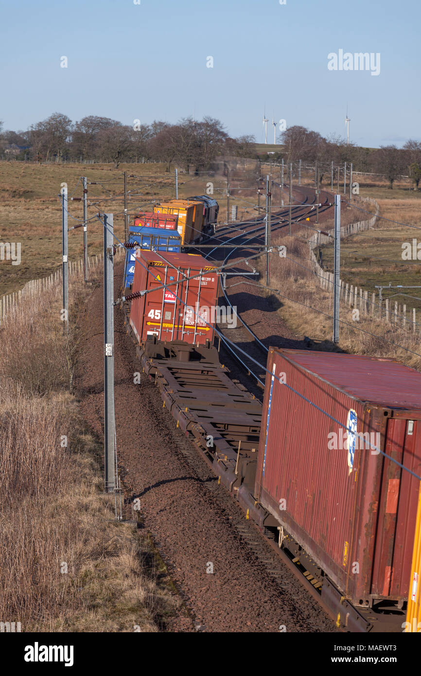 DB Cargo intermodal container freight train passing Auchengray (between ...