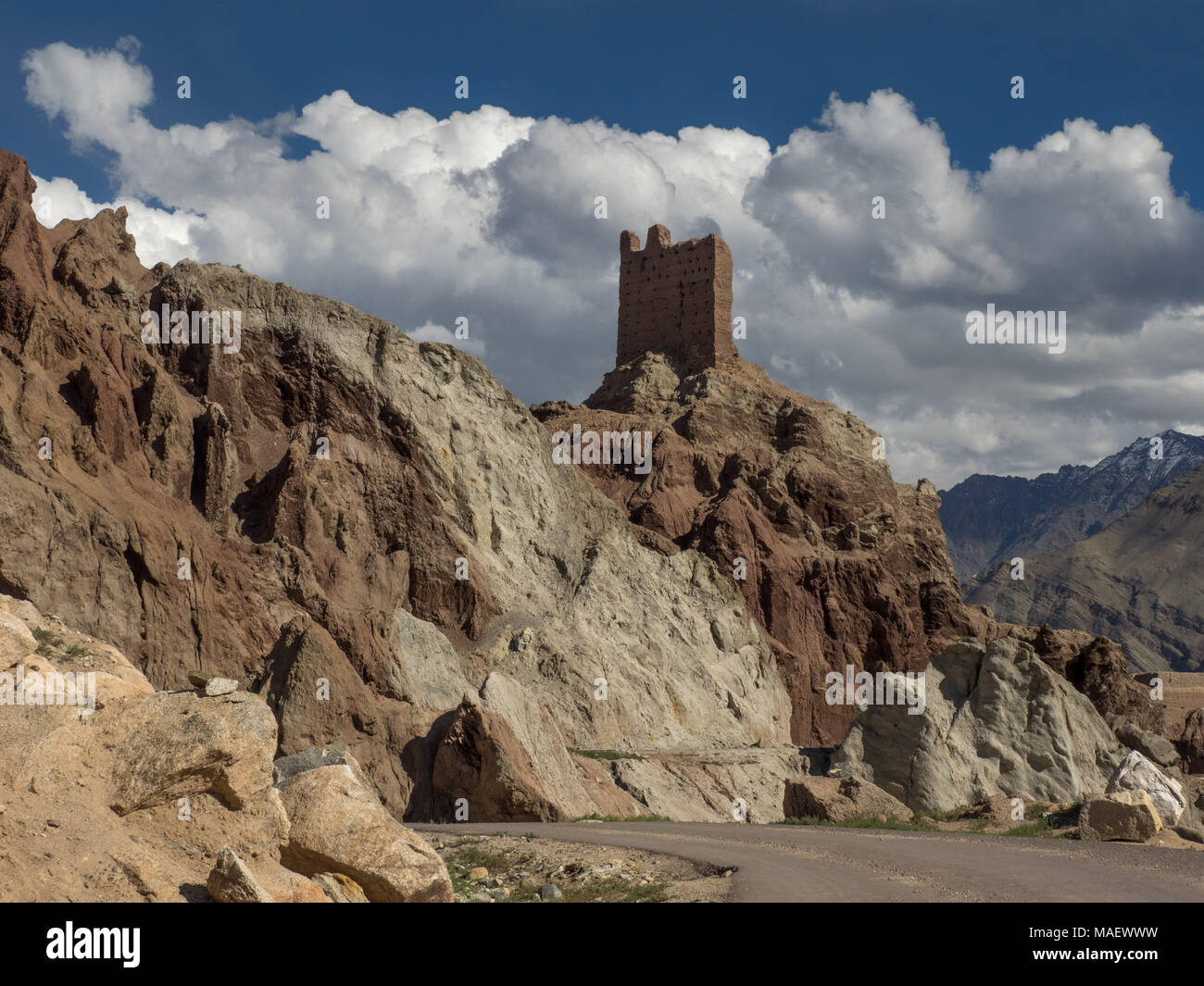 Road to the ruins of the ancient Tibetan Basgo monastery, towering on a ...