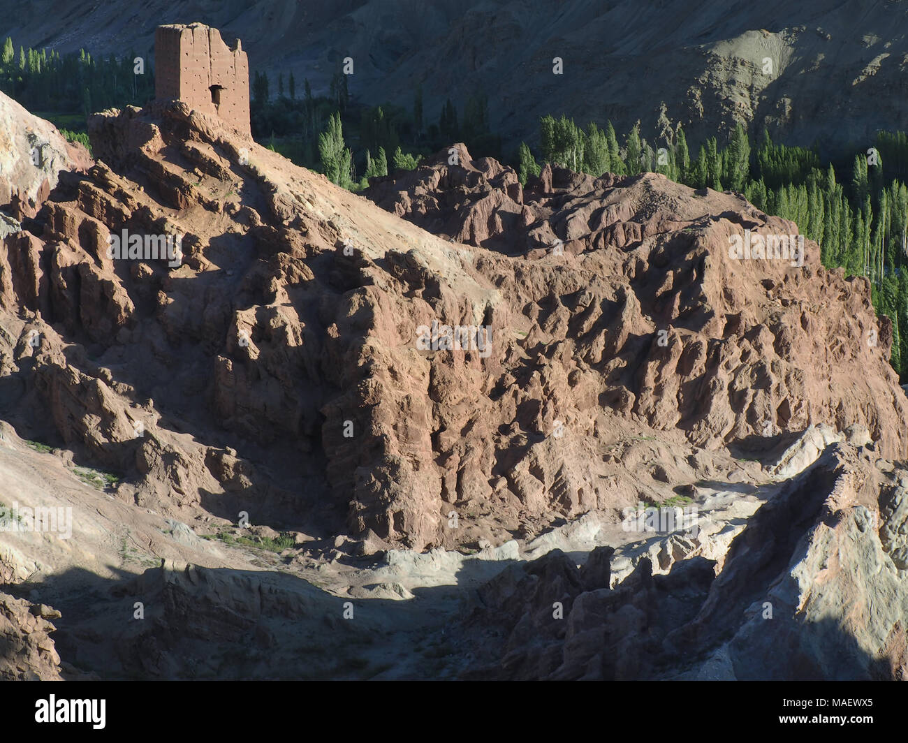 Ancient Tibetan royal palace of Basgo on a dark rock over the village ...
