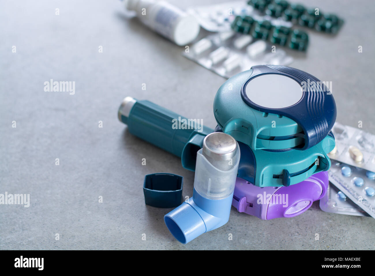 Pills and inhalers for asthma, bronchitis, lungs diseases, first aid ...