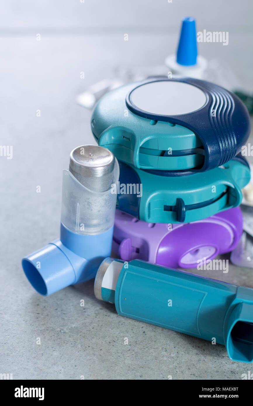 Pills and inhalers for asthma, bronchitis, lungs diseases, first aid ...