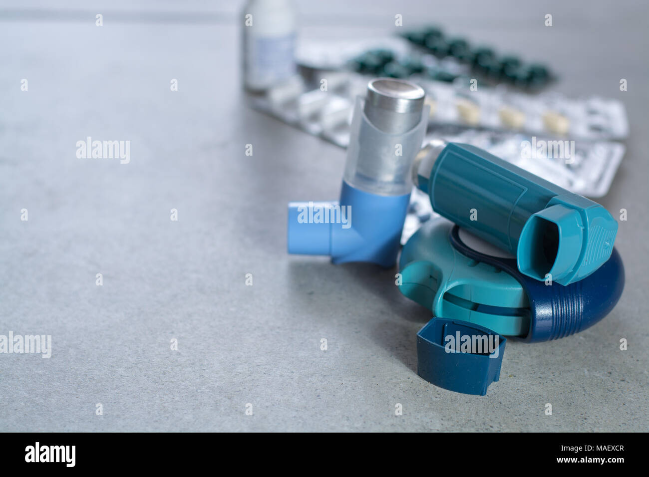 Pills and inhalers for asthma, bronchitis, lungs diseases, first aid ...