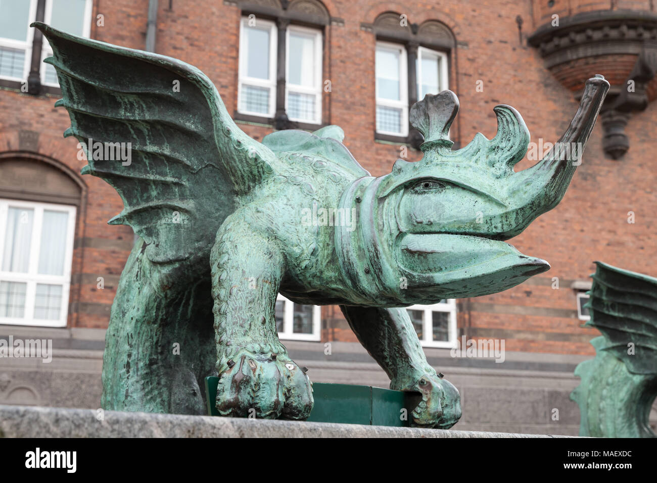 Dragon Fountain details. City Hall Square in Copenhagen, Denmark. It ...
