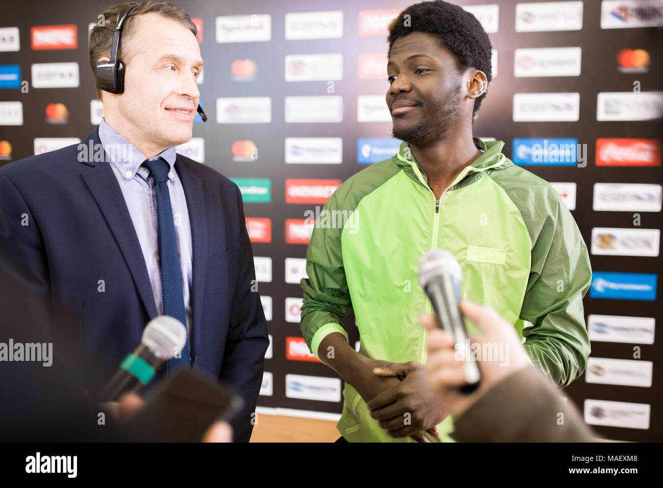African American Footballer Giving Interview Stock Photo - Alamy