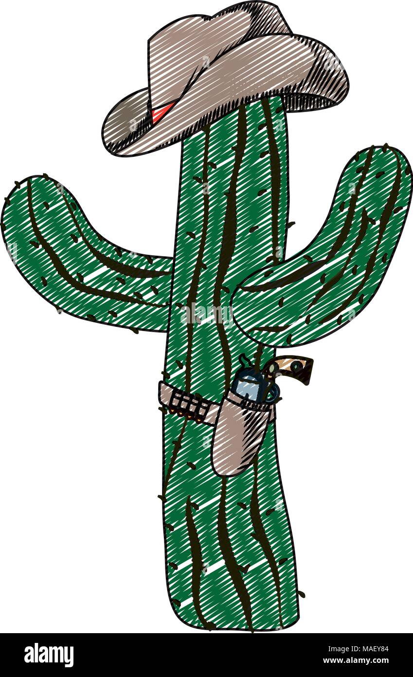 doodle desert cactus plant with hat and gun vector illustration Stock ...