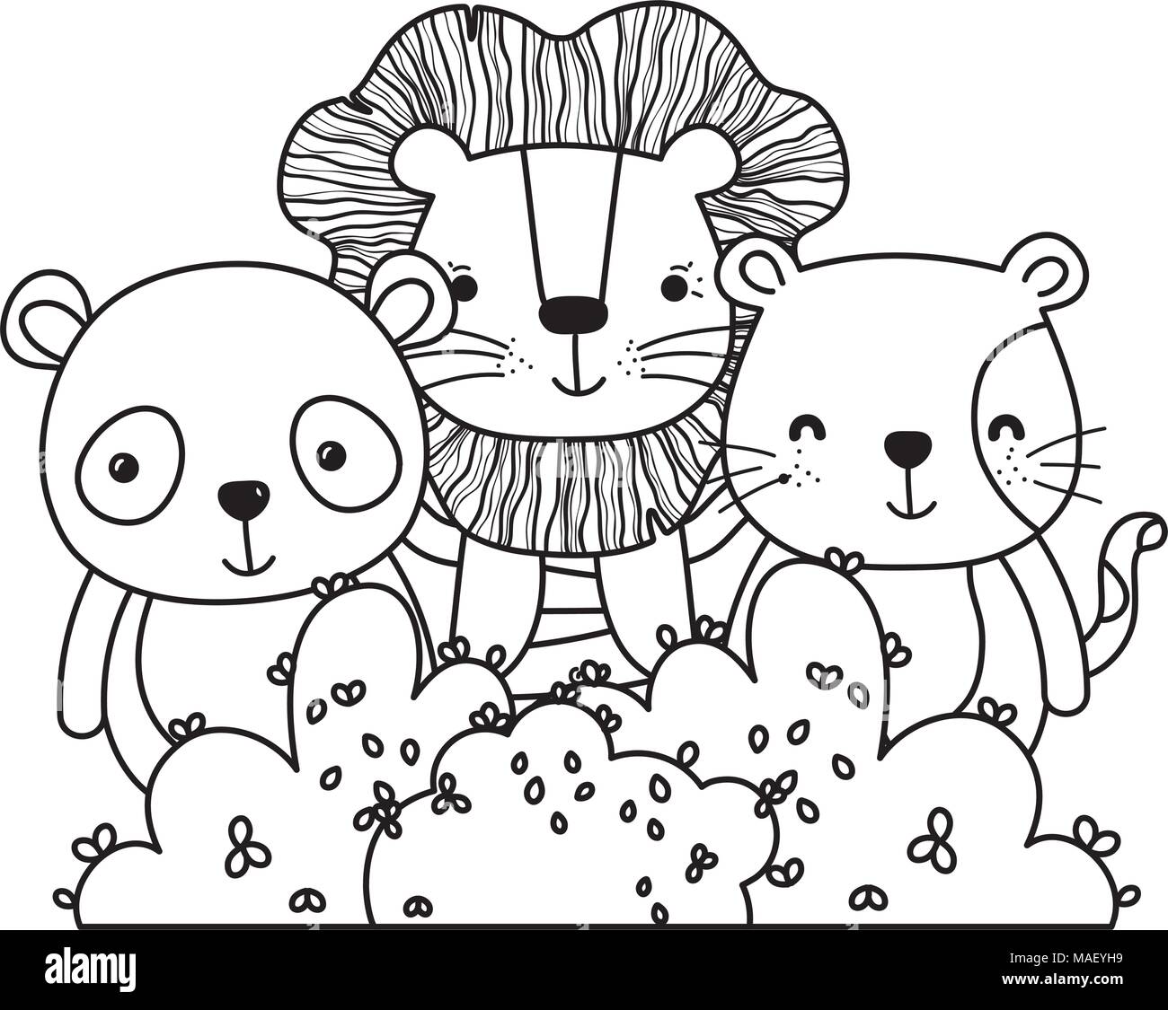 line cute friends animals with bush plant vector illustration Stock ...