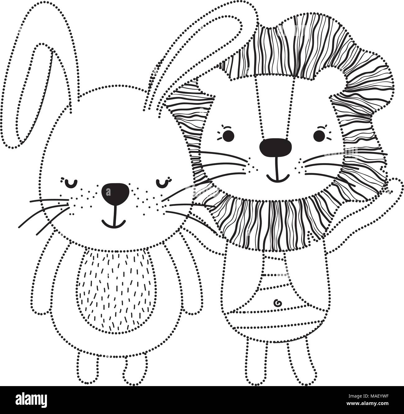 dotted shape cute rabbit and lion animals friends vector illustration ...