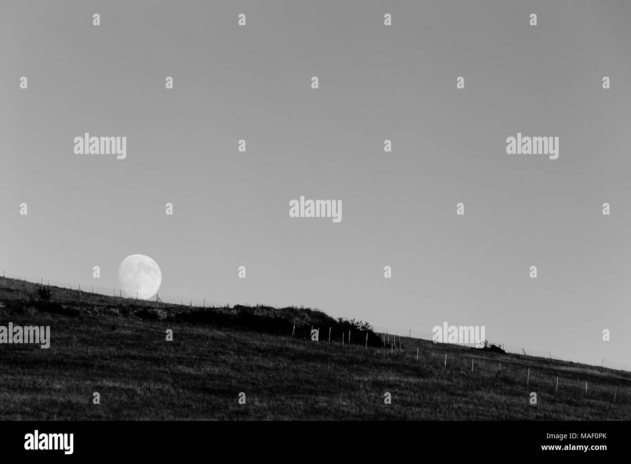 Moon rising up behind an hill, in an empty, blue sky Stock Photo - Alamy
