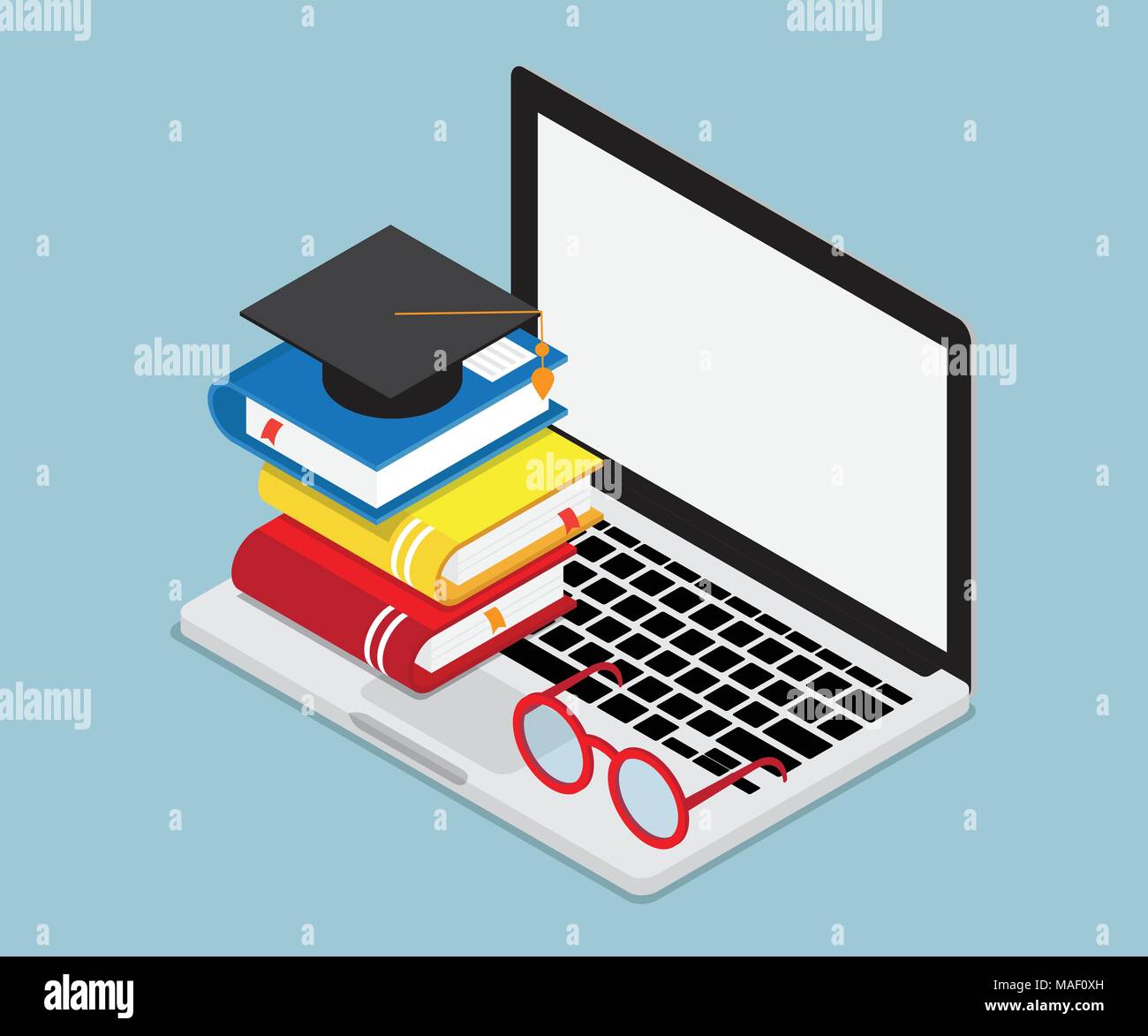online education concept laptop with books and mortar board cap ...