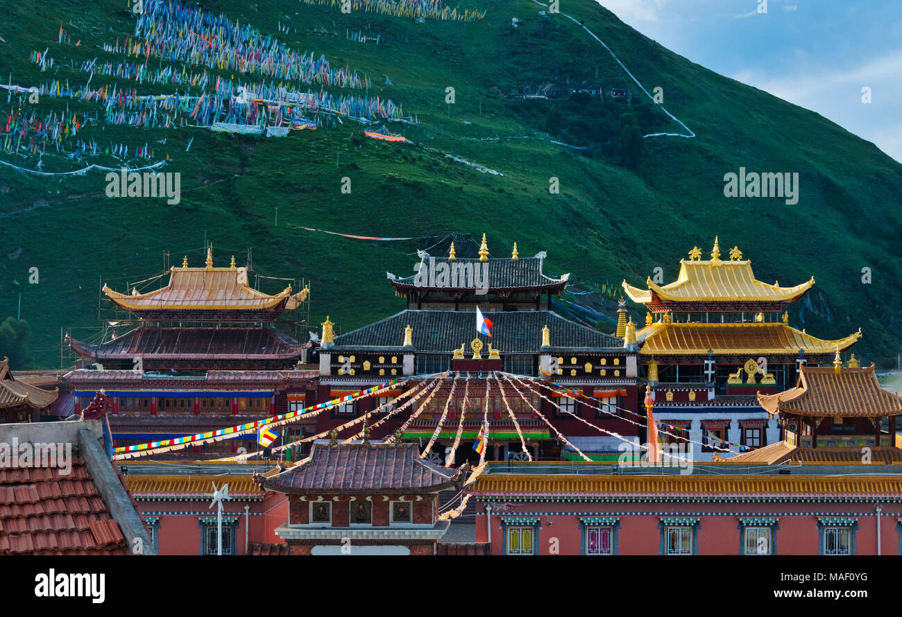 Tagong Monastery, praying flags on the hillside, Tagong, western ...