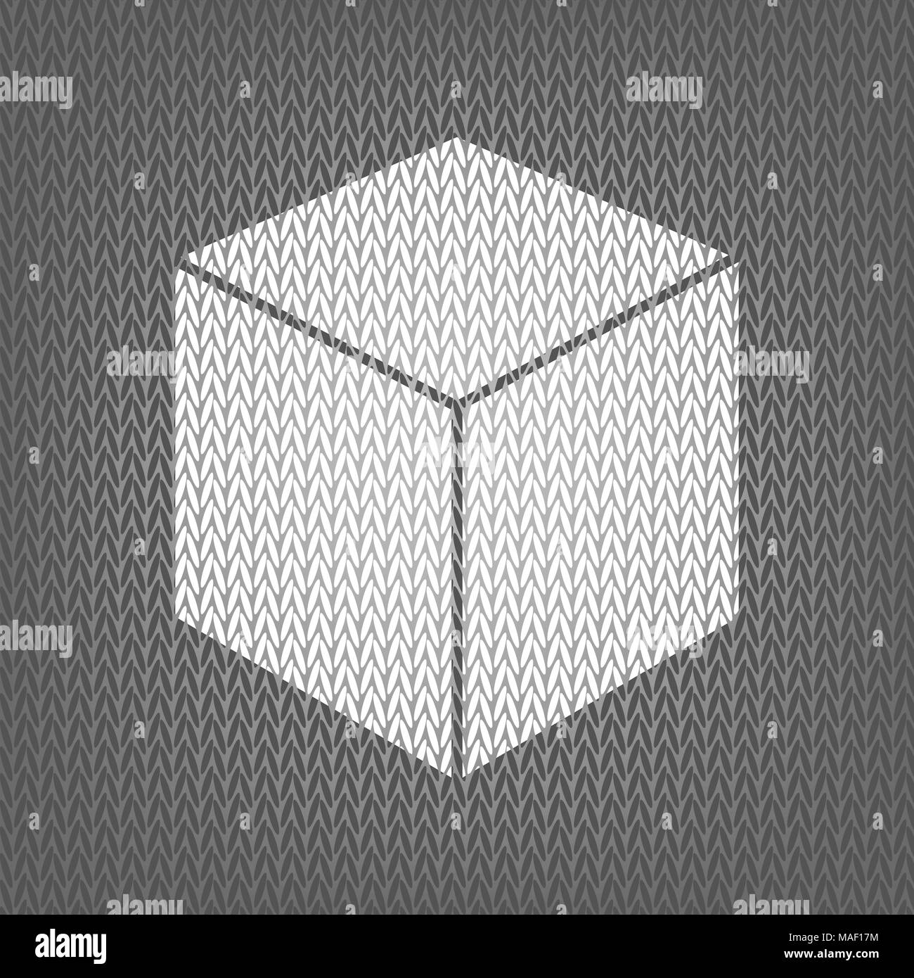 Cube sign illustration. Vector. White knitted icon on gray knitted ...