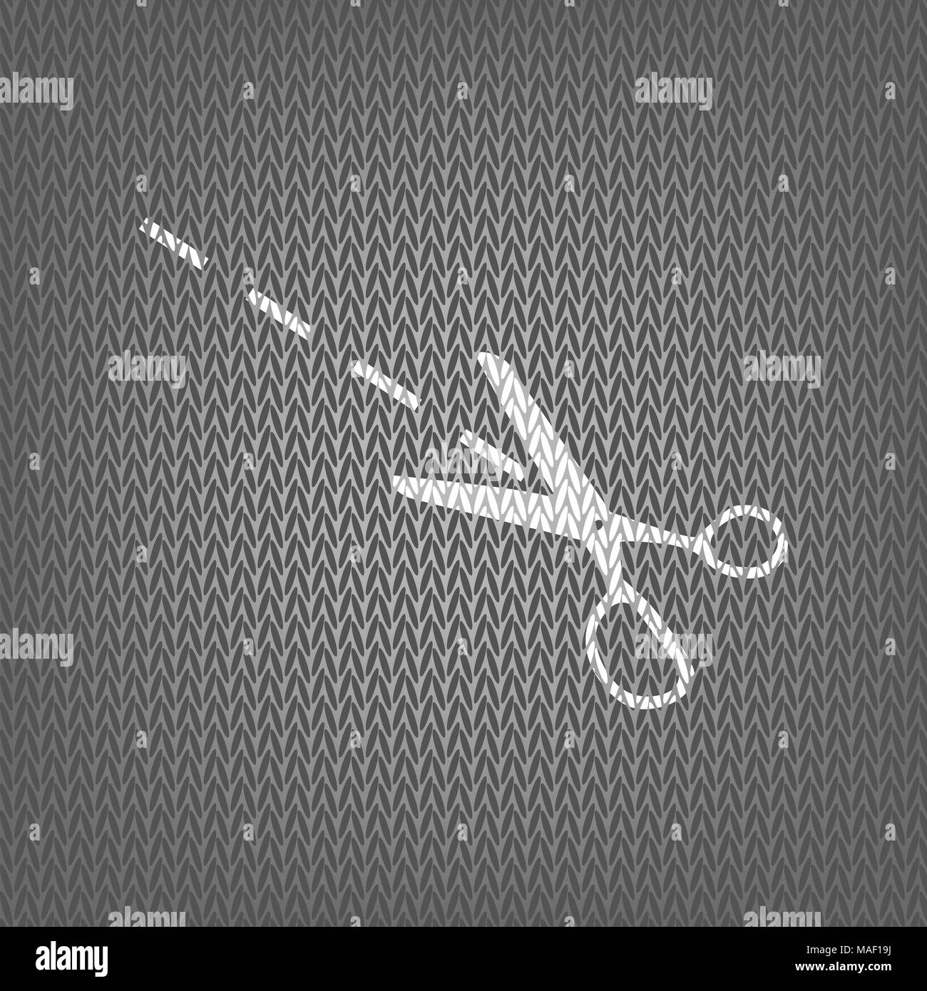 Scissors sign illustration. Vector. White knitted icon on gray knitted ...