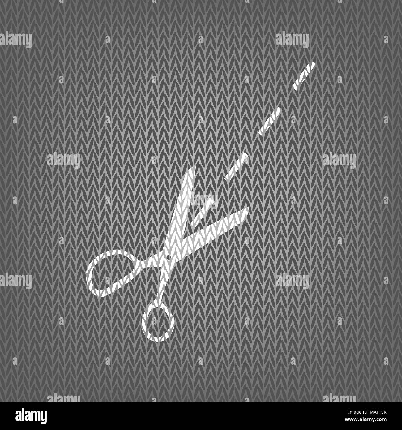 Scissors sign illustration. Vector. White knitted icon on gray knitted ...