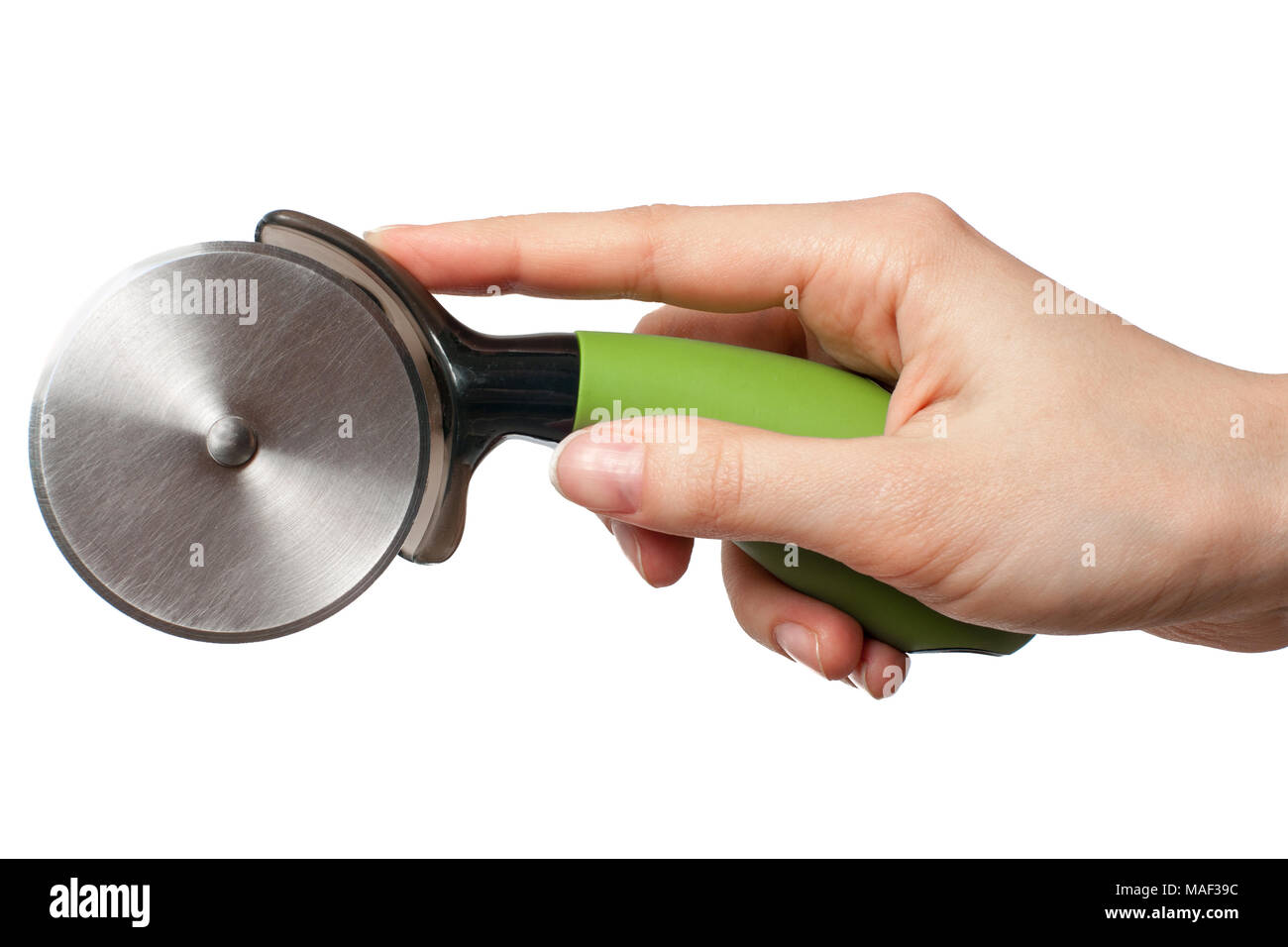 Hand with green pizza cutter isolated on white background Stock Photo ...