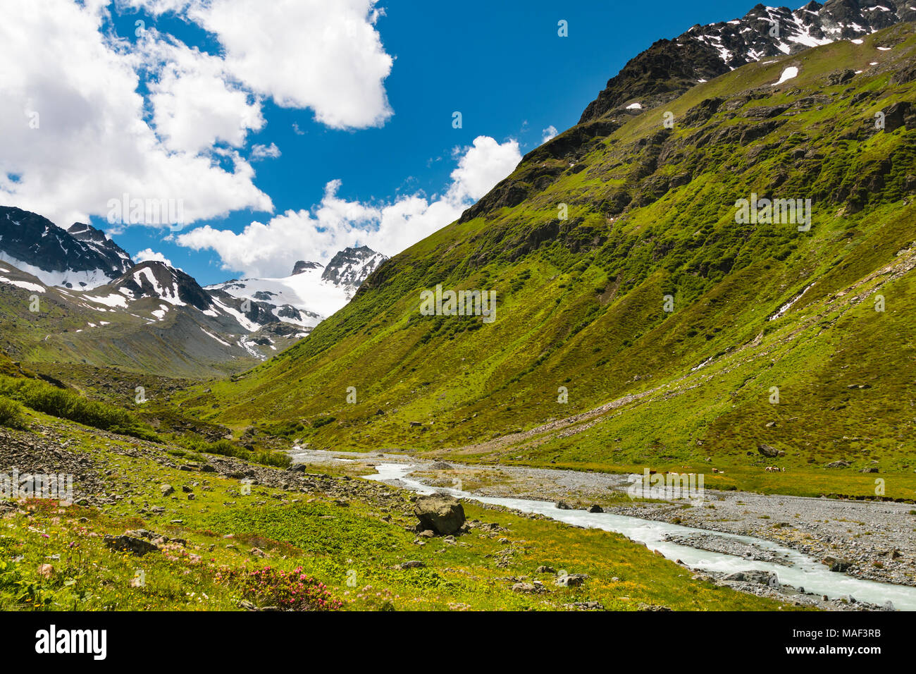 View into the Jamtal on a sunny day near Galtur, Austria with the ...
