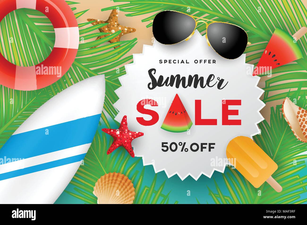 Summer sale banner background design with summer decoration. Vector ...