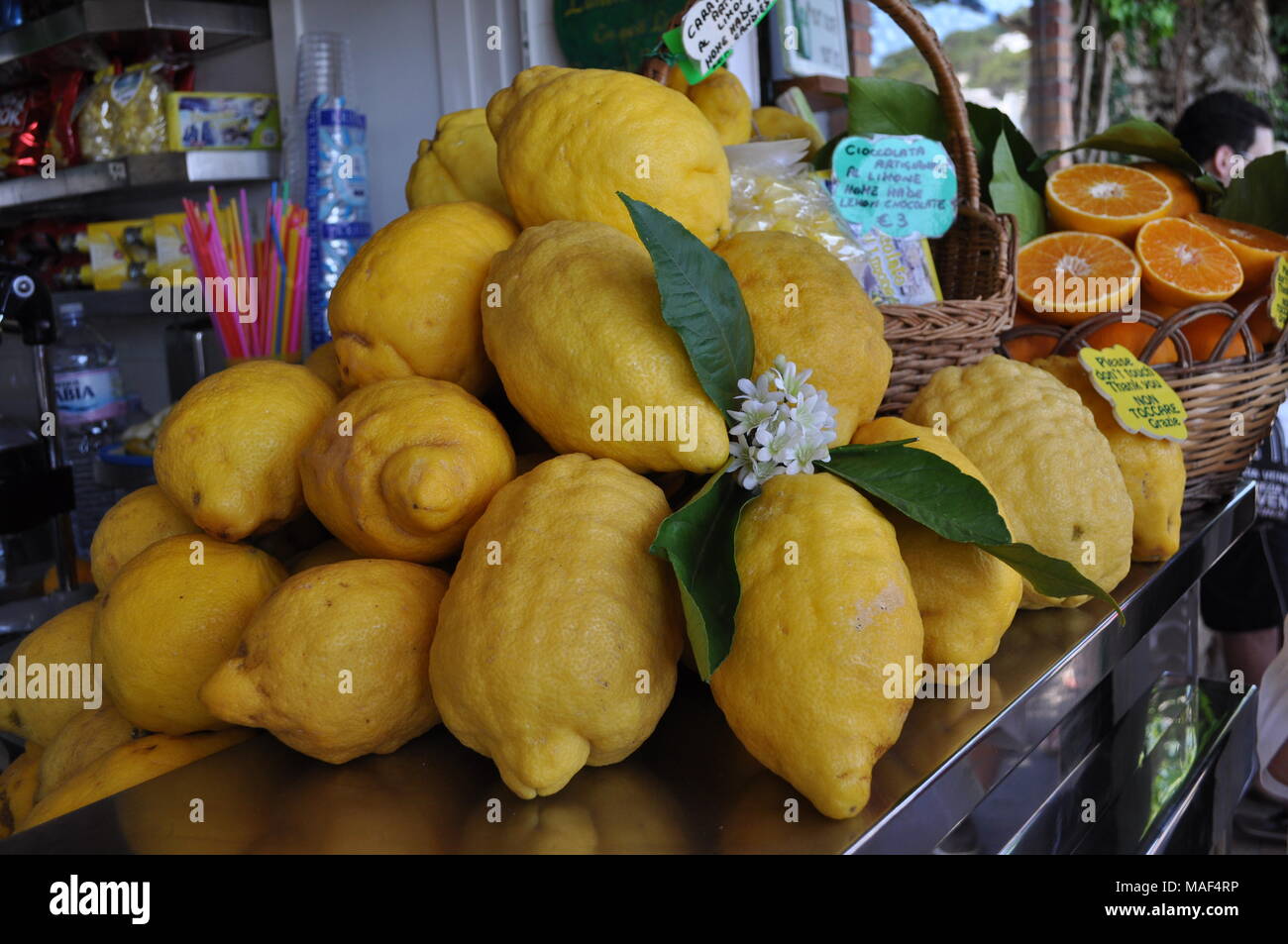 Pile of huge lemons on lemonade stand, capri island, italy Stock Photo ...