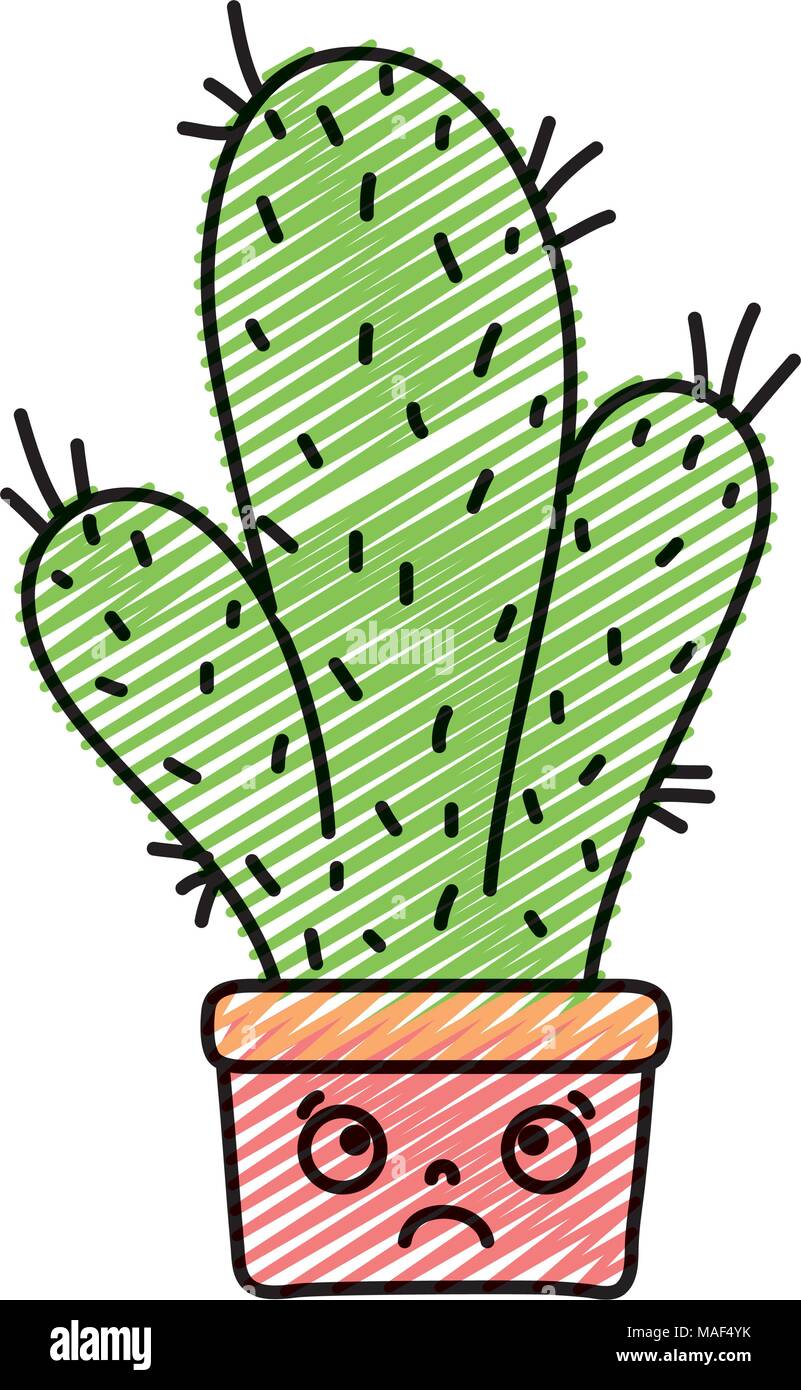 doodle kawaii sad cactus plant inside flowerpot vector illustration ...