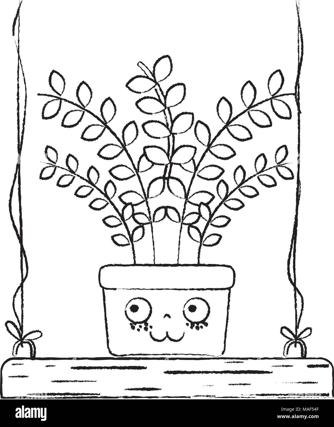 grunge kawaii smile plant with leaves in the swings vector illustration ...