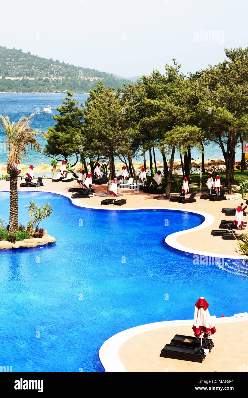 Swimming pools and beach at luxury hotel, Bodrum, Turkey Stock Photo ...