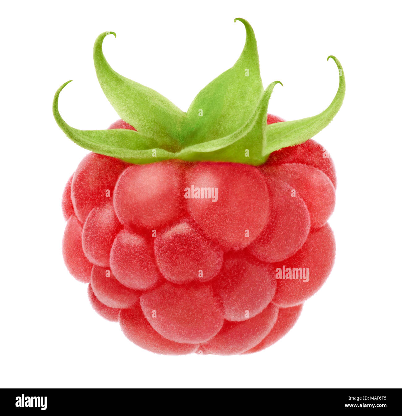 Ripe raspberry with green leaf isolated on white background with ...