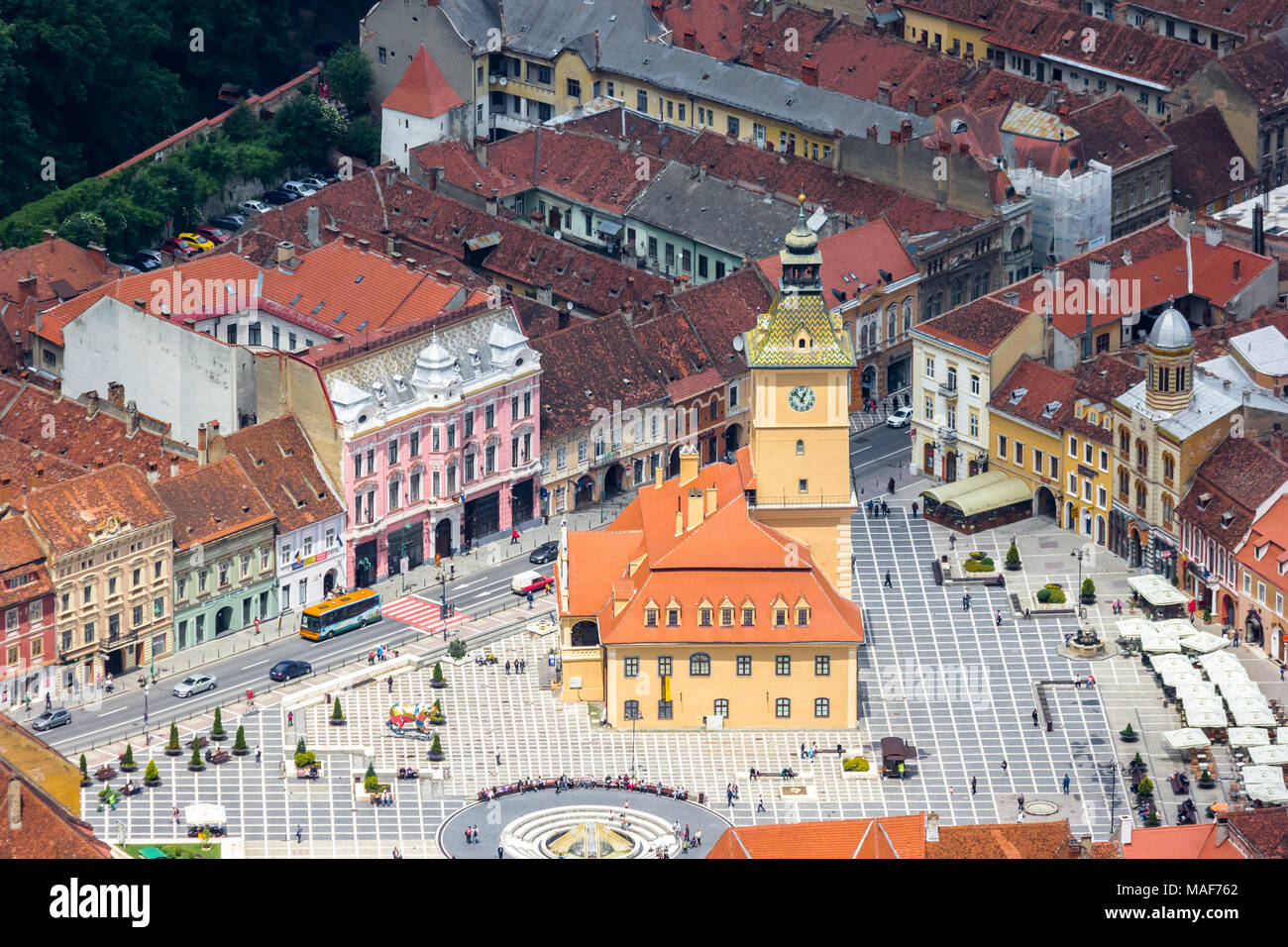 Aerial view of the historic city hall in Brasov, Romania Stock Photo ...