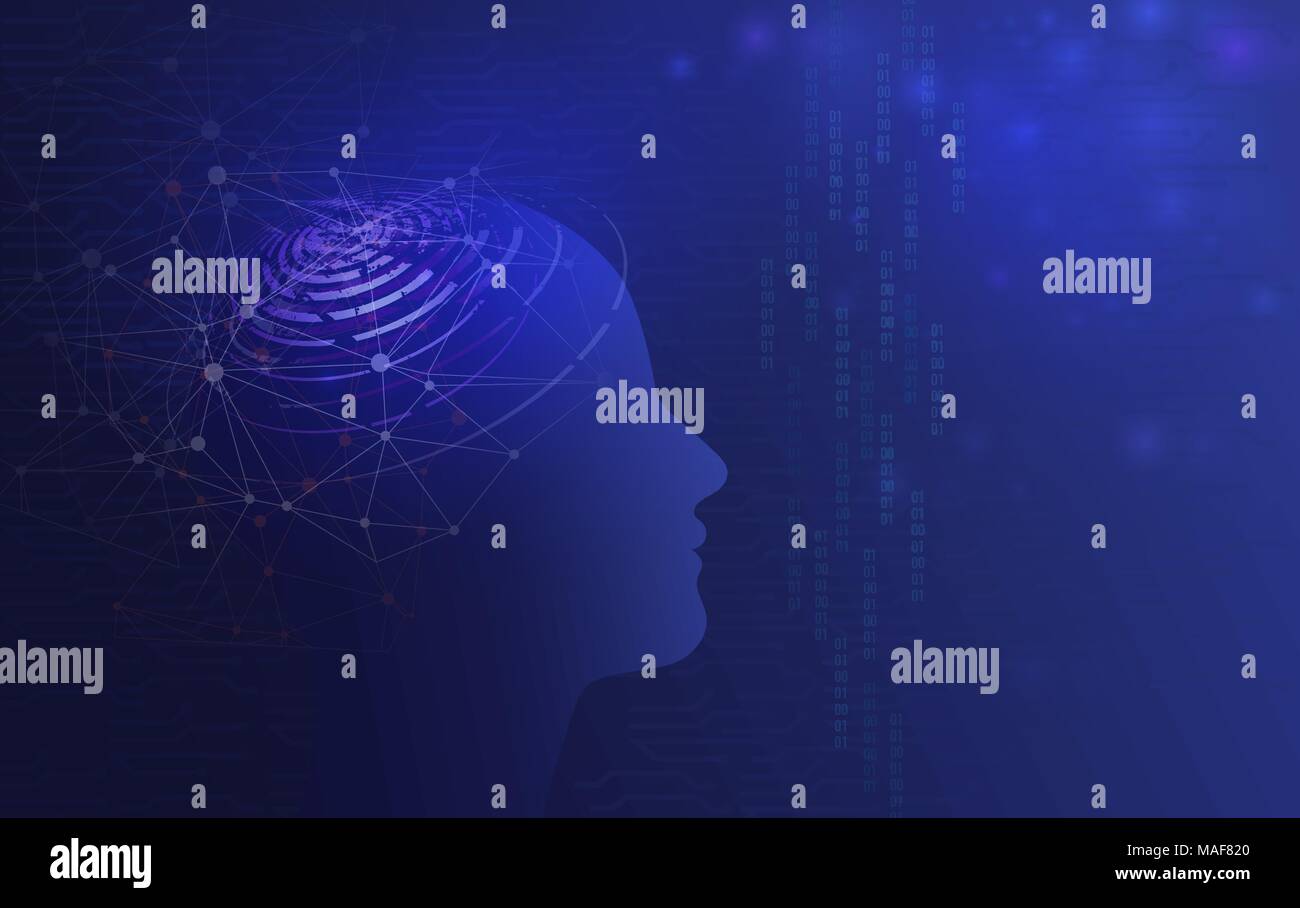 Technology web background. Artificial intelligence with human face ...