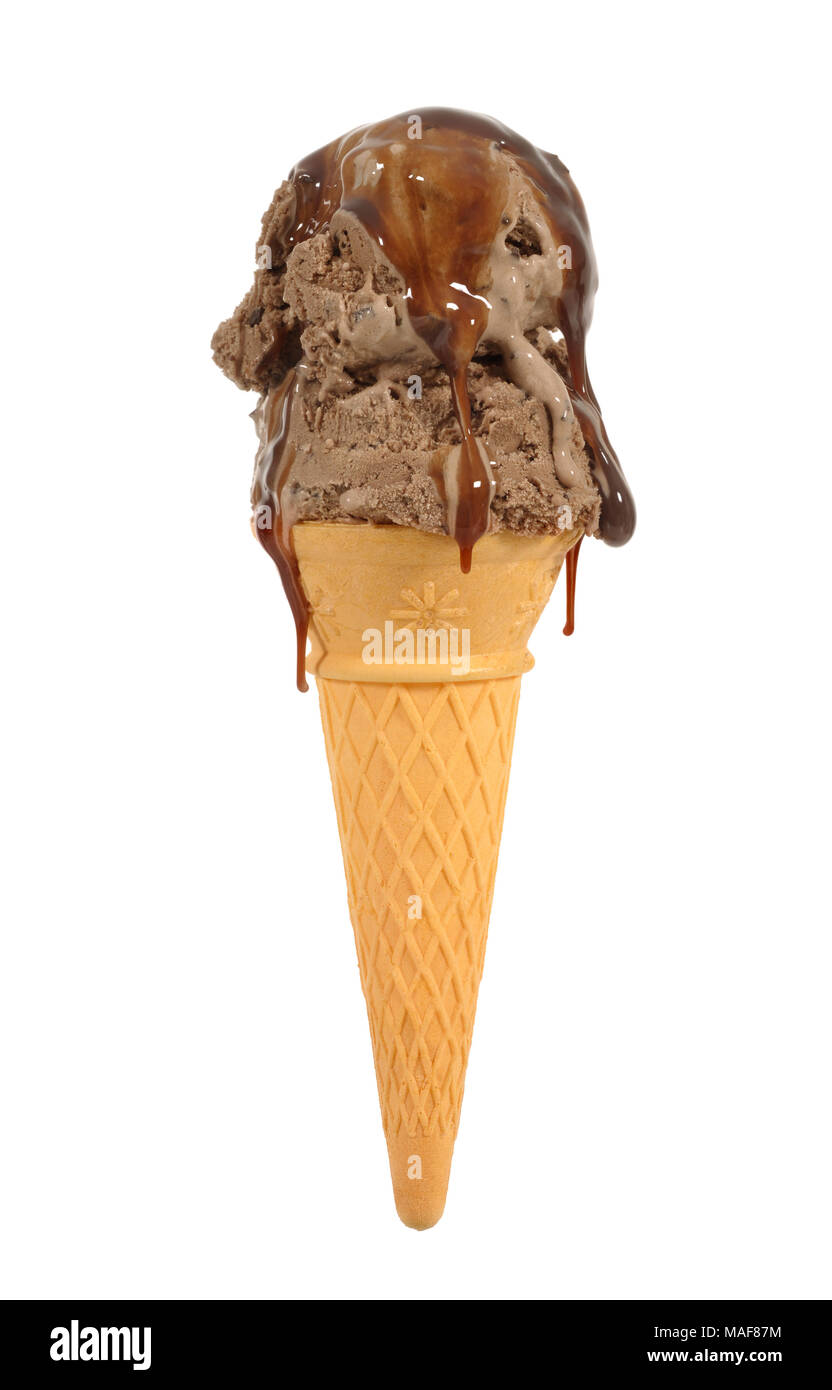Chocolate chip ice cream cone with runny syrup isolated against white ...