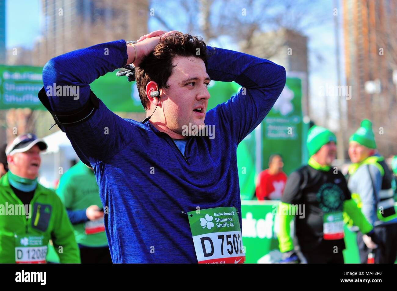 Chicago, Illinois, USA. A tired face of a man just past the finish line ...