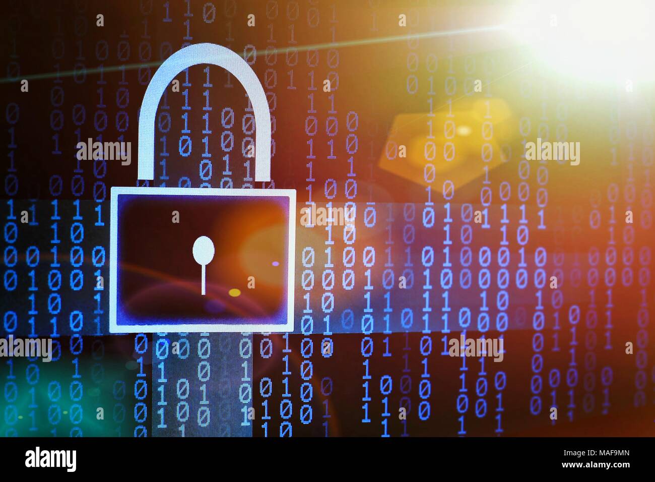 colorful binary code and padlock symbol. internet password and data privacy. cyber security ...