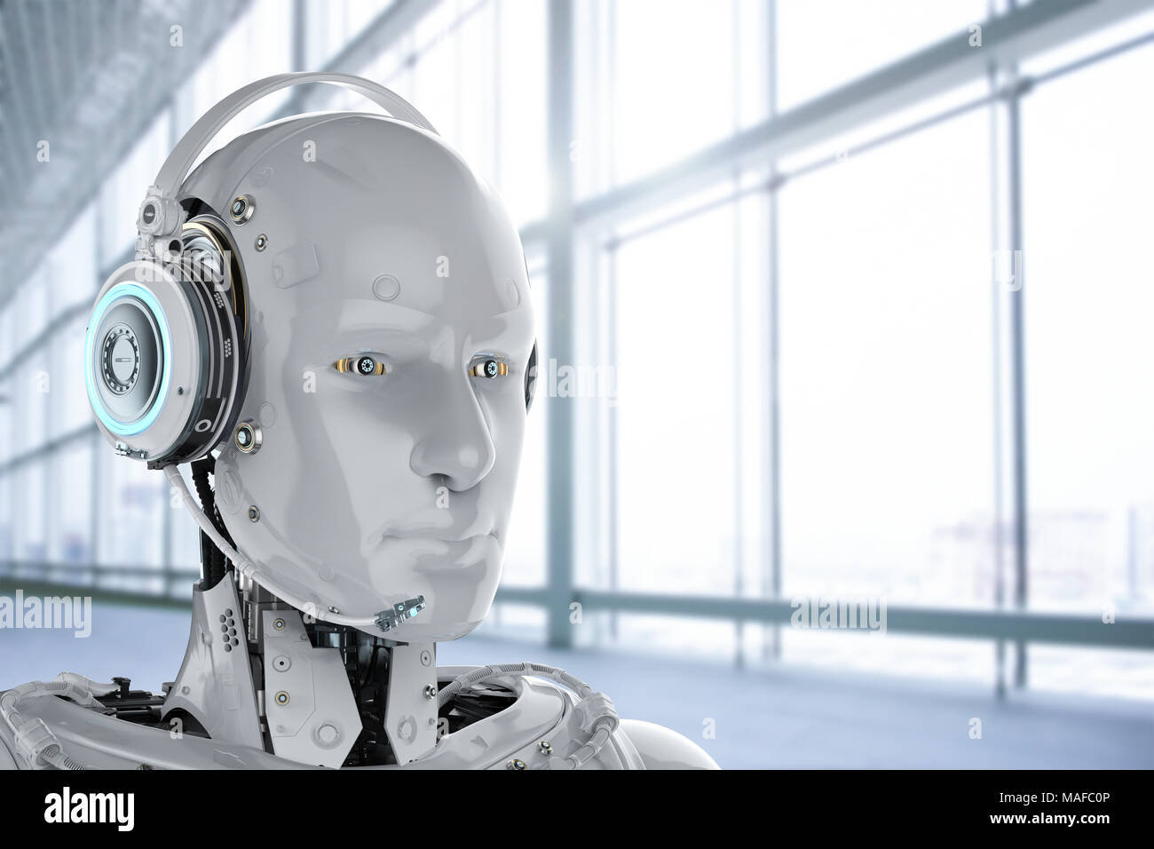 3d rendering humanoid robot with headset on white background Stock ...