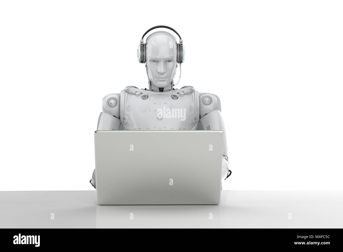 3d rendering humanoid robot working with headset and notebook Stock ...