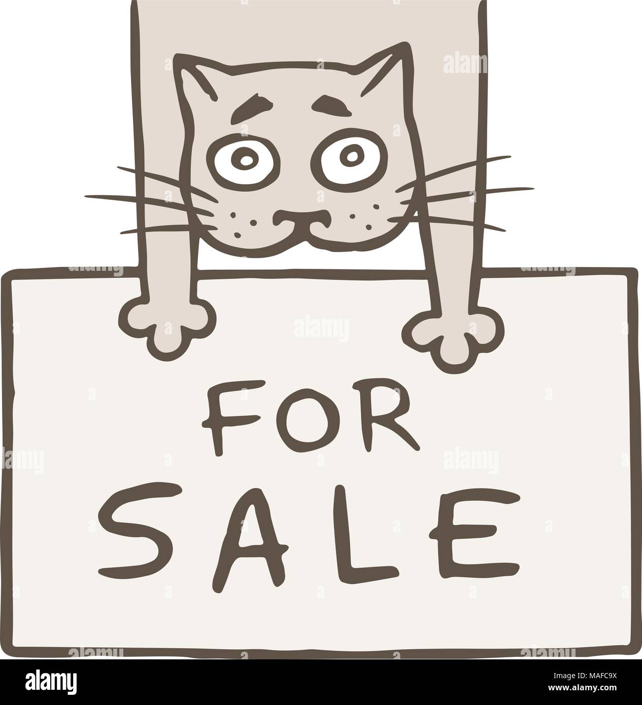 Cartoon cat seller and sheet with an inscription for sale. Vector ...