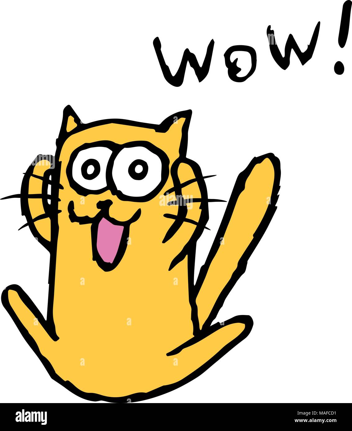 Funny orange cat Tik enjoys and screaming Wow. Vector illustration ...