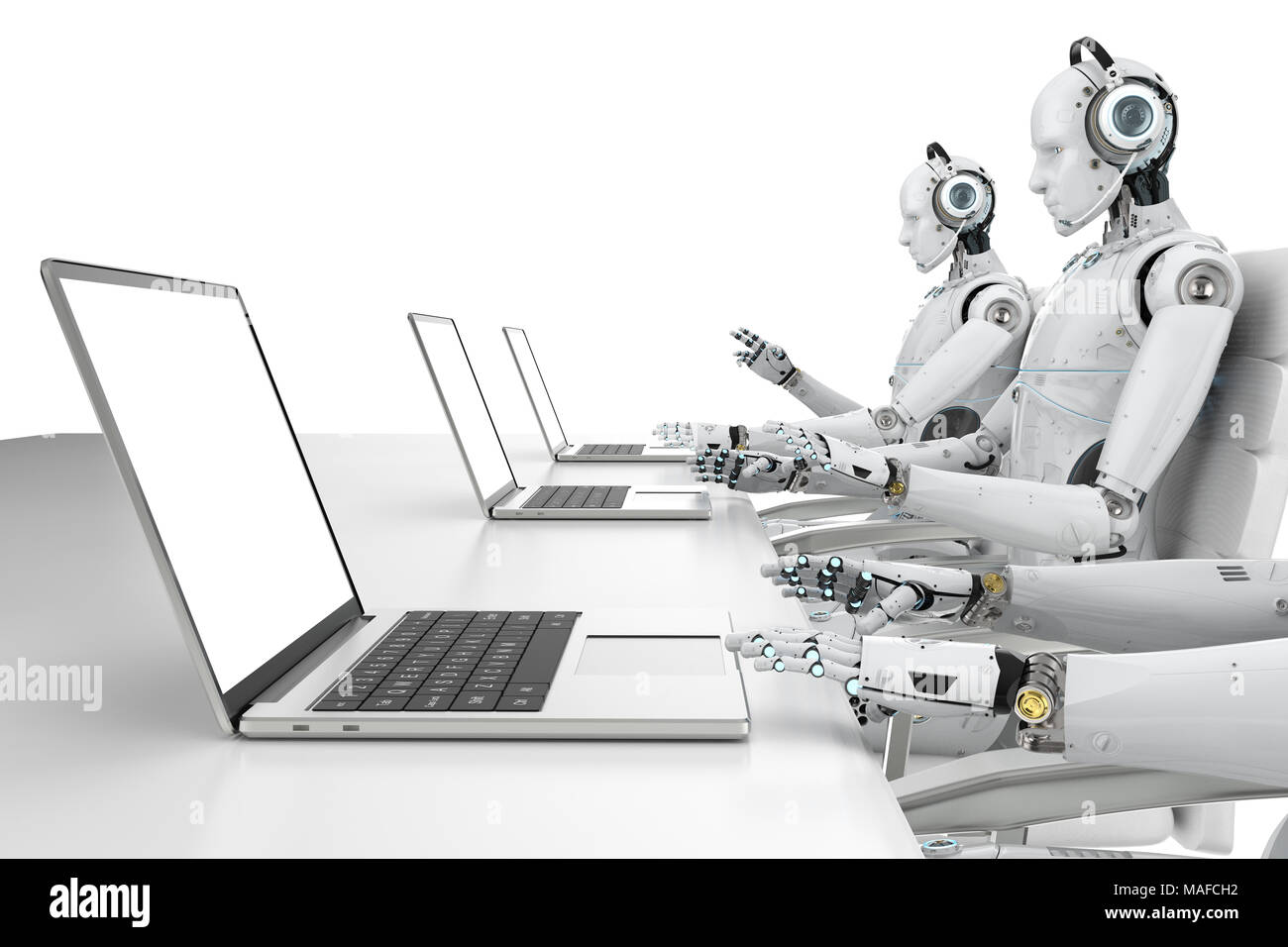 3d rendering humanoid robot working with headset and notebook Stock ...