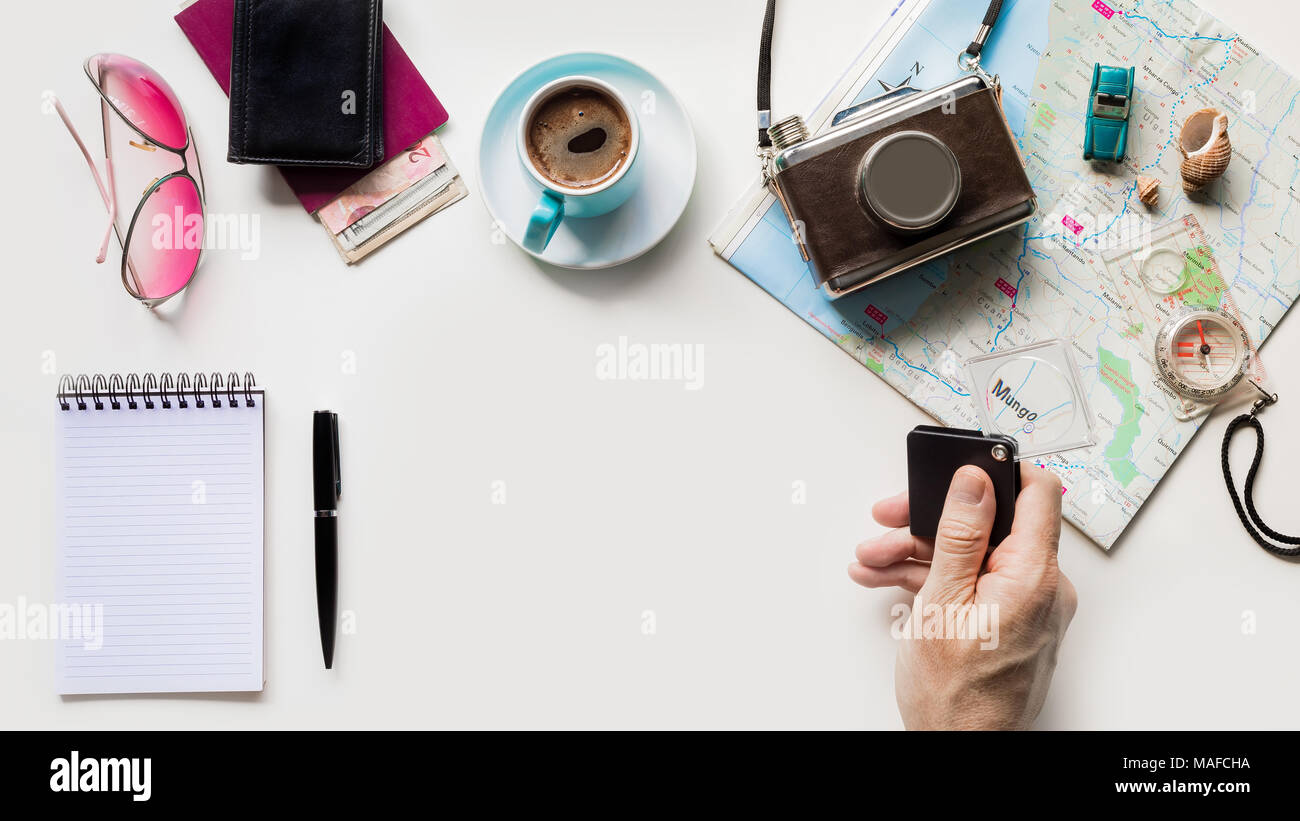 Flat Lay Top View vintage Map for planning a trip or vacation with scattered items Stock Photo ...