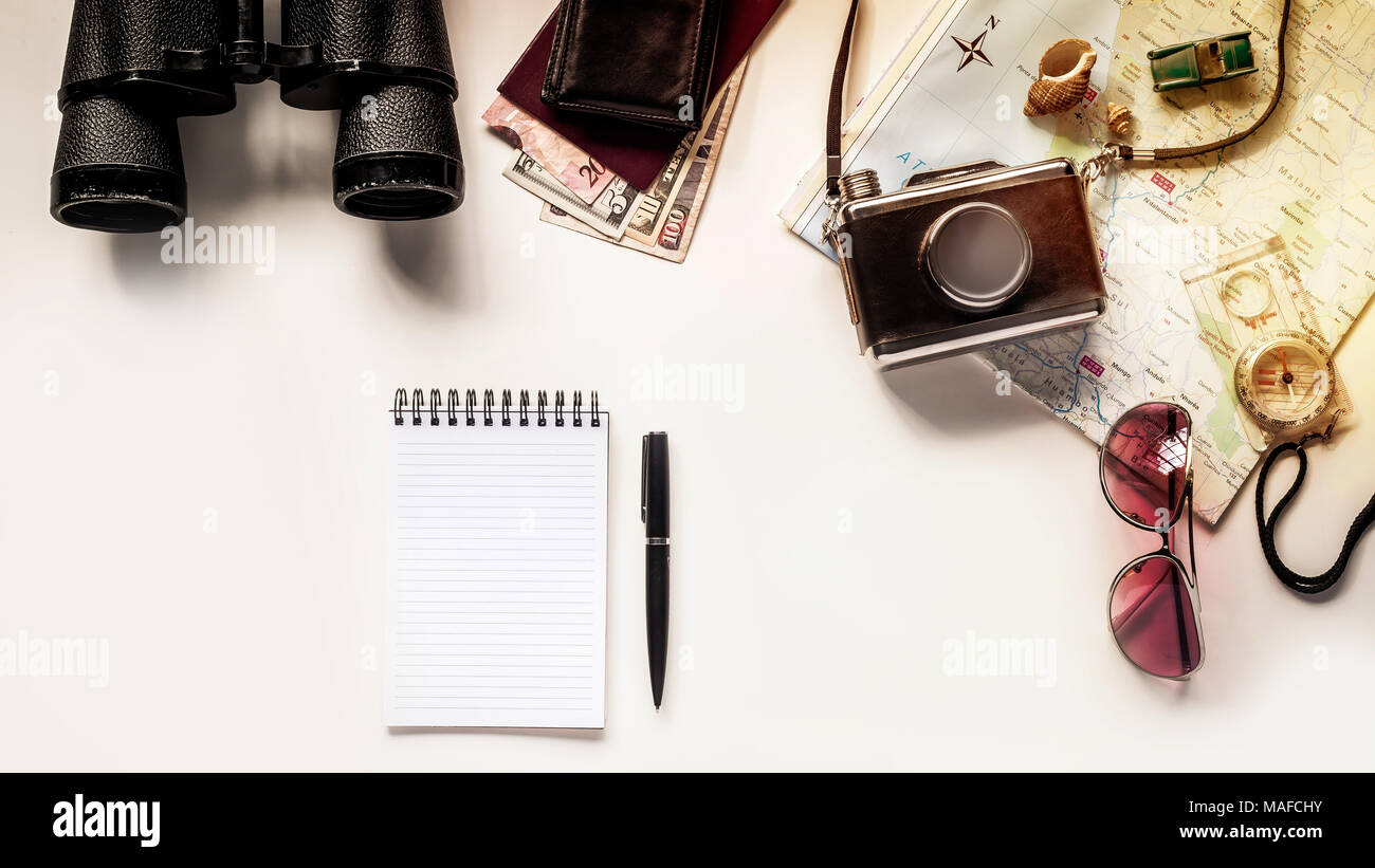 Flat Lay Top View vintage Map for planning a trip or vacation with scattered items Stock Photo ...